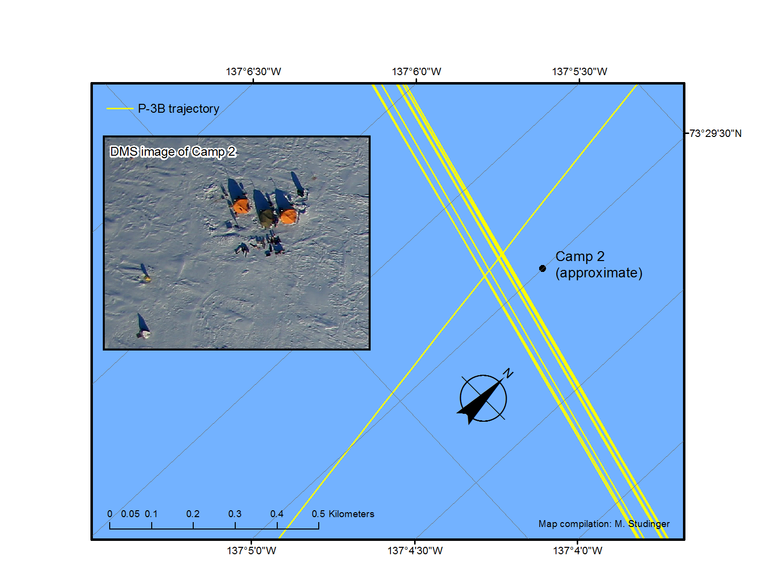 Figure 2: Trajectory map of the 10 passes over the ONR/CryoVEx ice camp ...